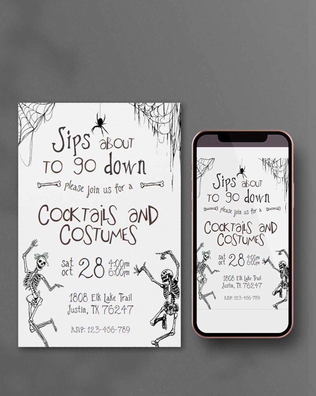 Editable Halloween Skeleton Invitation: Cocktails & Costumes Party ...
