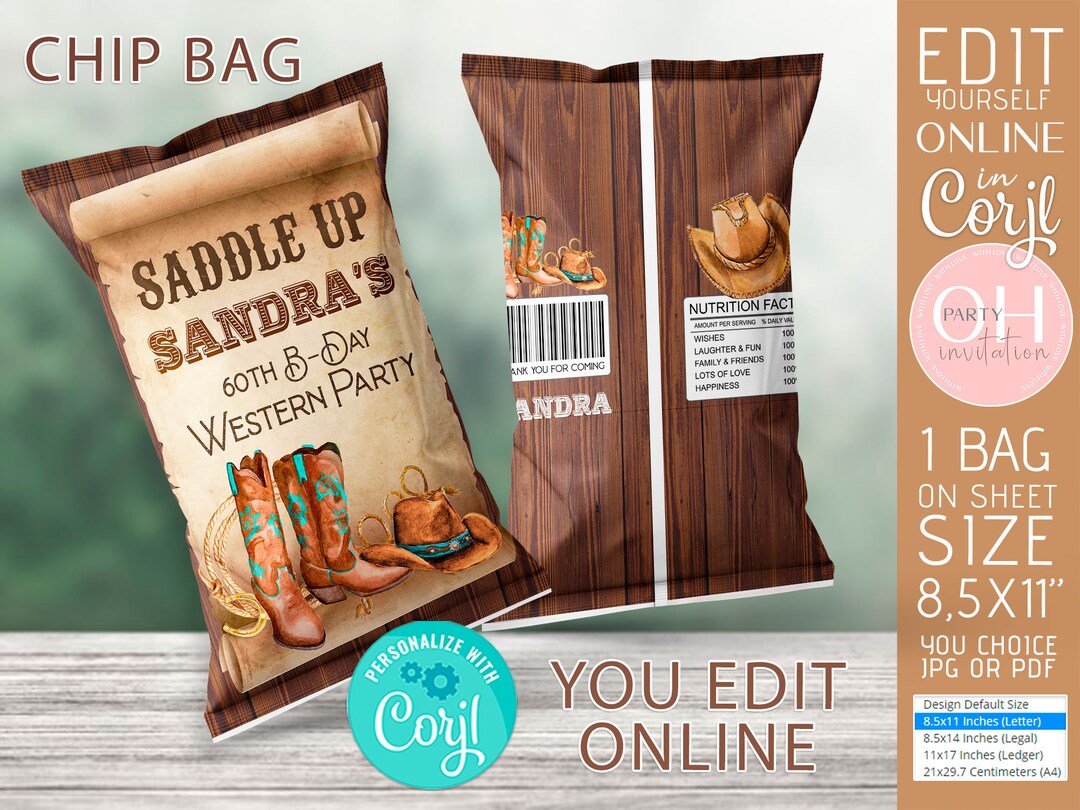 Editable Western Cowgirl Chip Bag Birthday Decorations Rodeo Party ...