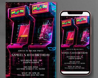 Arcade Birthday Party Invitation, Gaming Arcade Neon Glow Invite, Retro ...