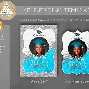 Editable Light Blue Silver Graduation Party Decorations Fans Grad 2025 ...