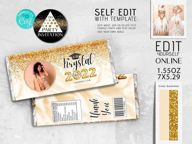 Editable Gold Graduation Candy Bar for Girl With Photo - Etsy