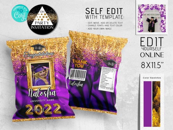 Editable Graduation Chip Bag With Photo Purple Gold Template Girl 