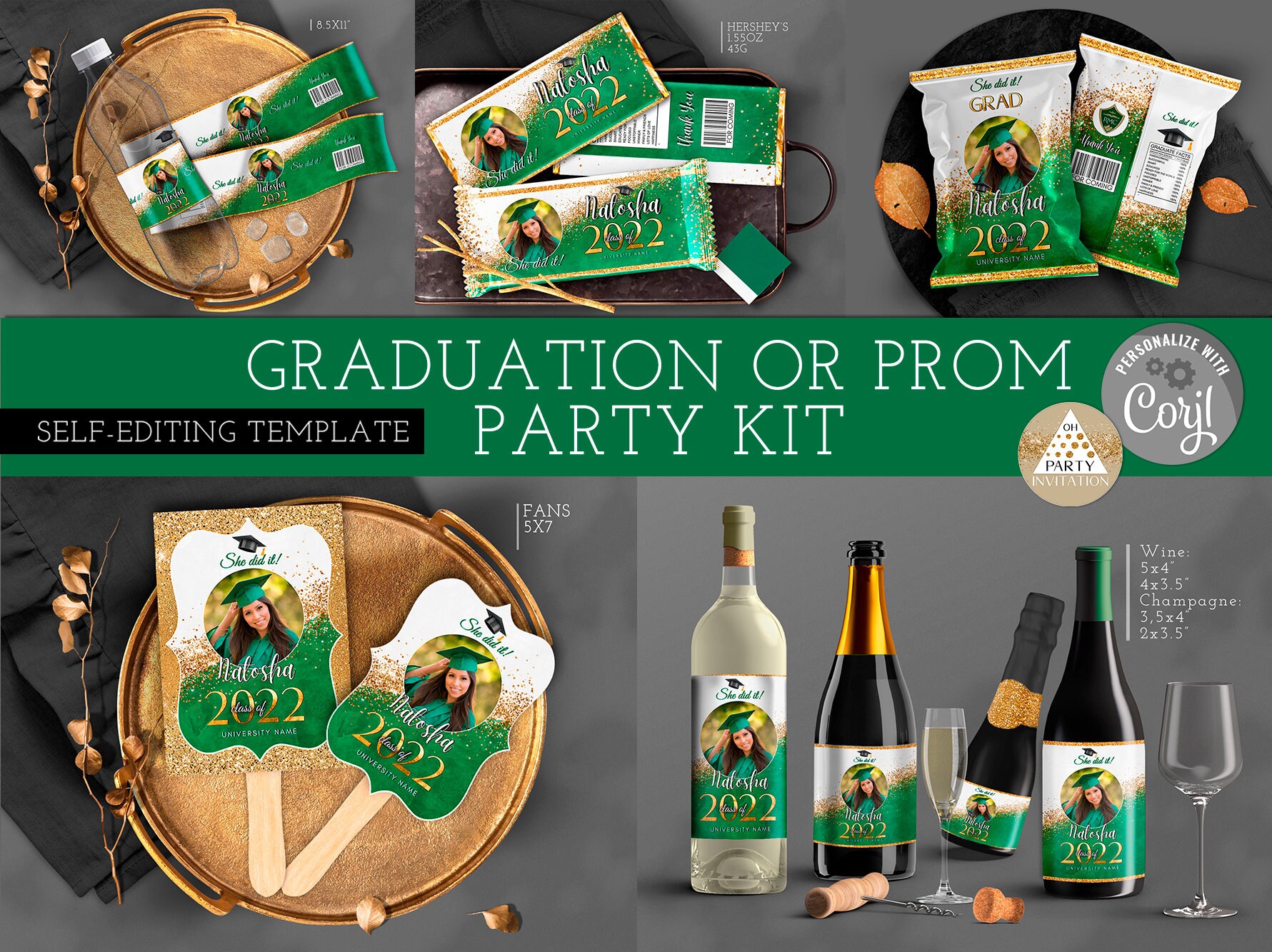 Editable Graduation With Photo Green White Party Decorations - Etsy