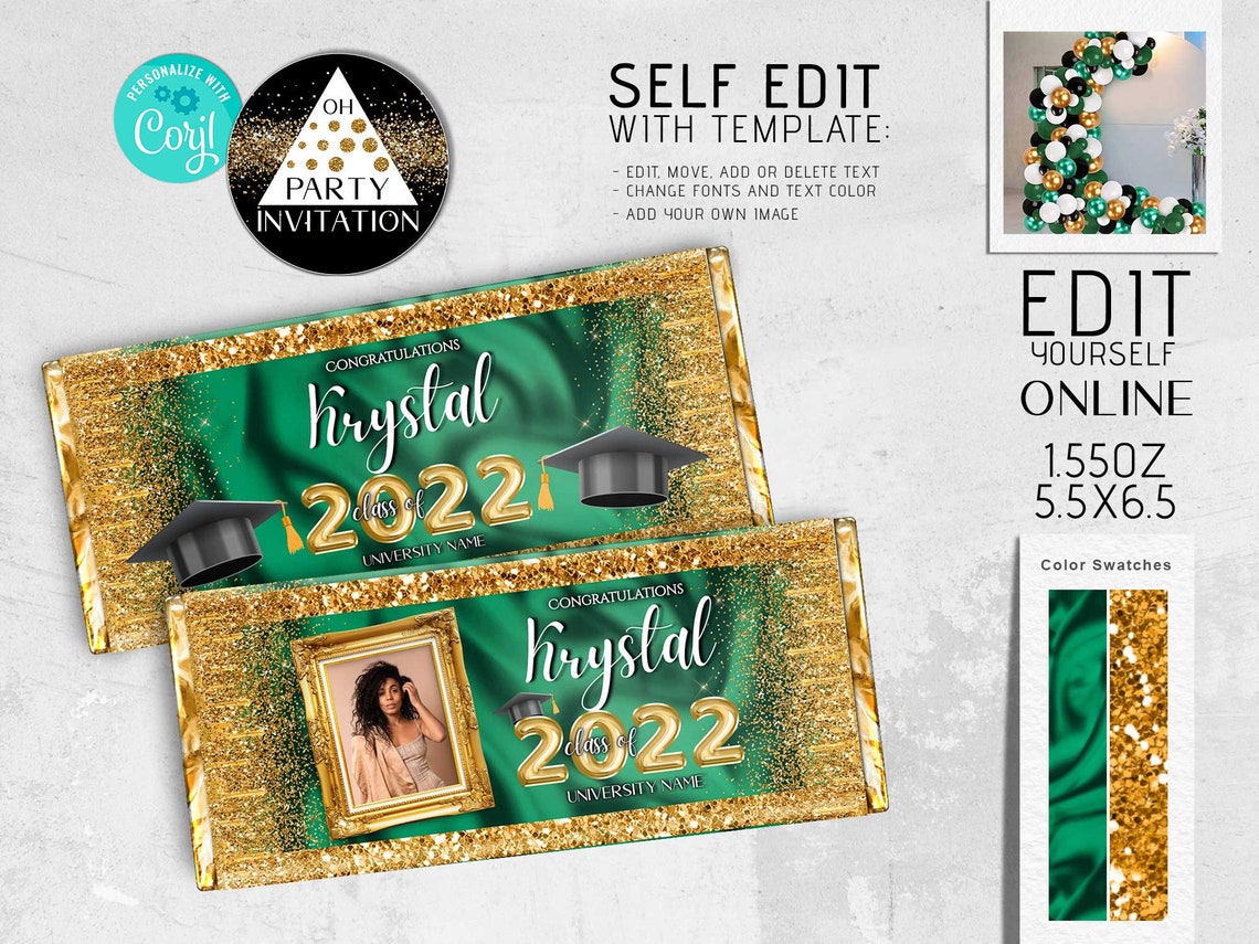 Editable Graduation Party Kit Green Gold Favors 2022 Candy - Etsy