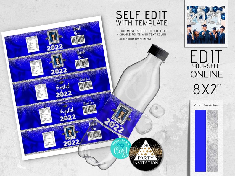 Editable Graduation Water Bottle Labels Navy Blue Silver - Etsy