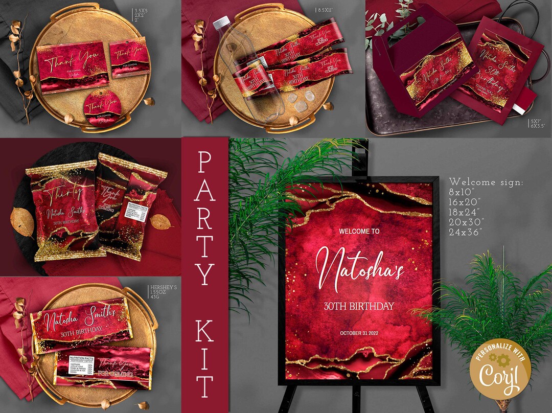 Red and Gold 30th Birthday Party Kit Decorations for Her, Sign, Labels ...