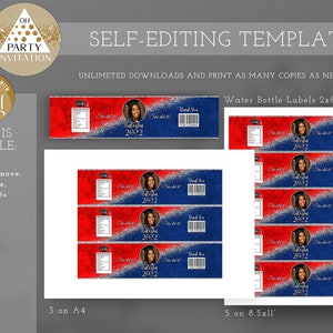 Editable Graduation Red Blue Water Bottle Labels With Silver Glitter ...