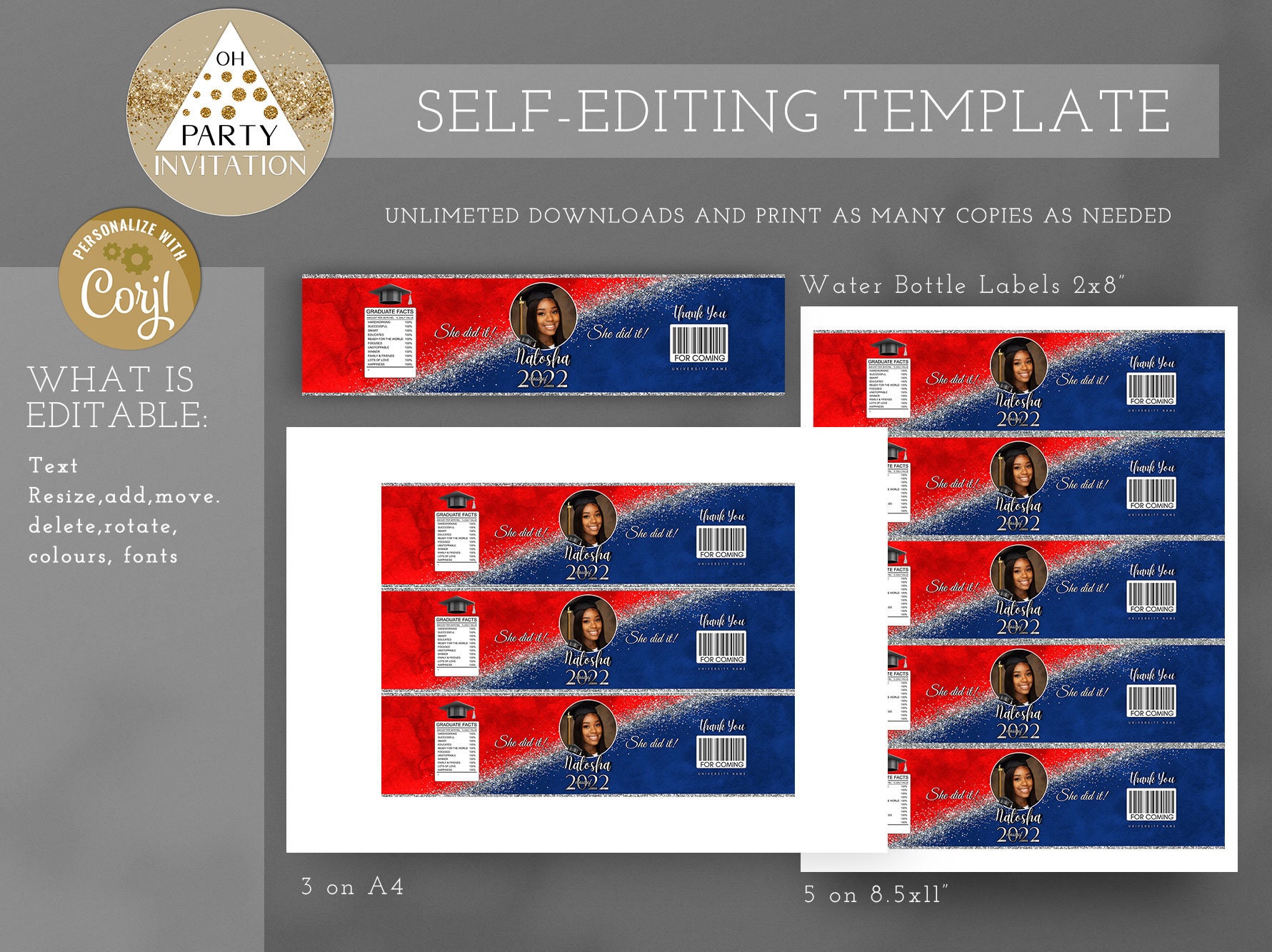 Editable Graduation Red Blue Water Bottle Labels With Silver - Etsy