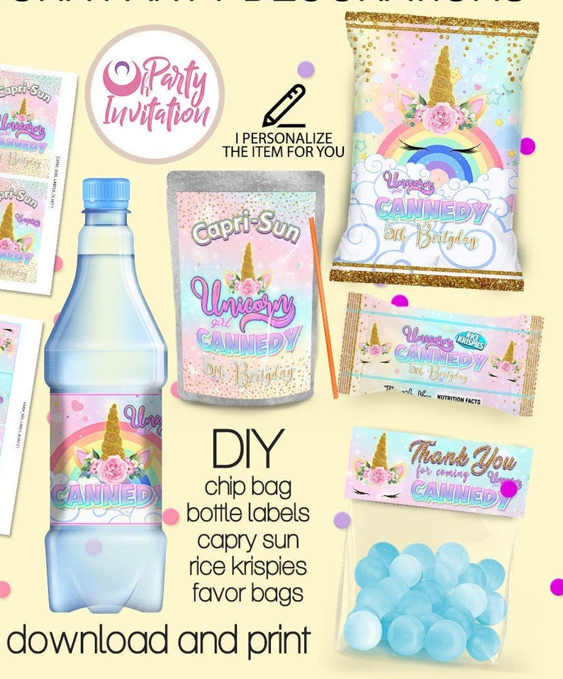 Unicorn Birthday Decorations Party Supply Printables Chip | Etsy