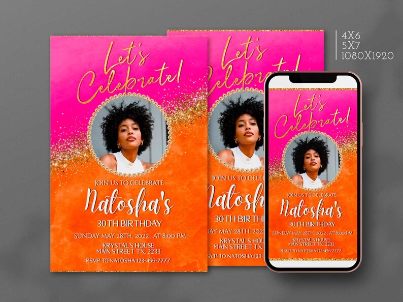 Orange Pink Gold Birthday Invitation: Printable Party Template (digital ...
