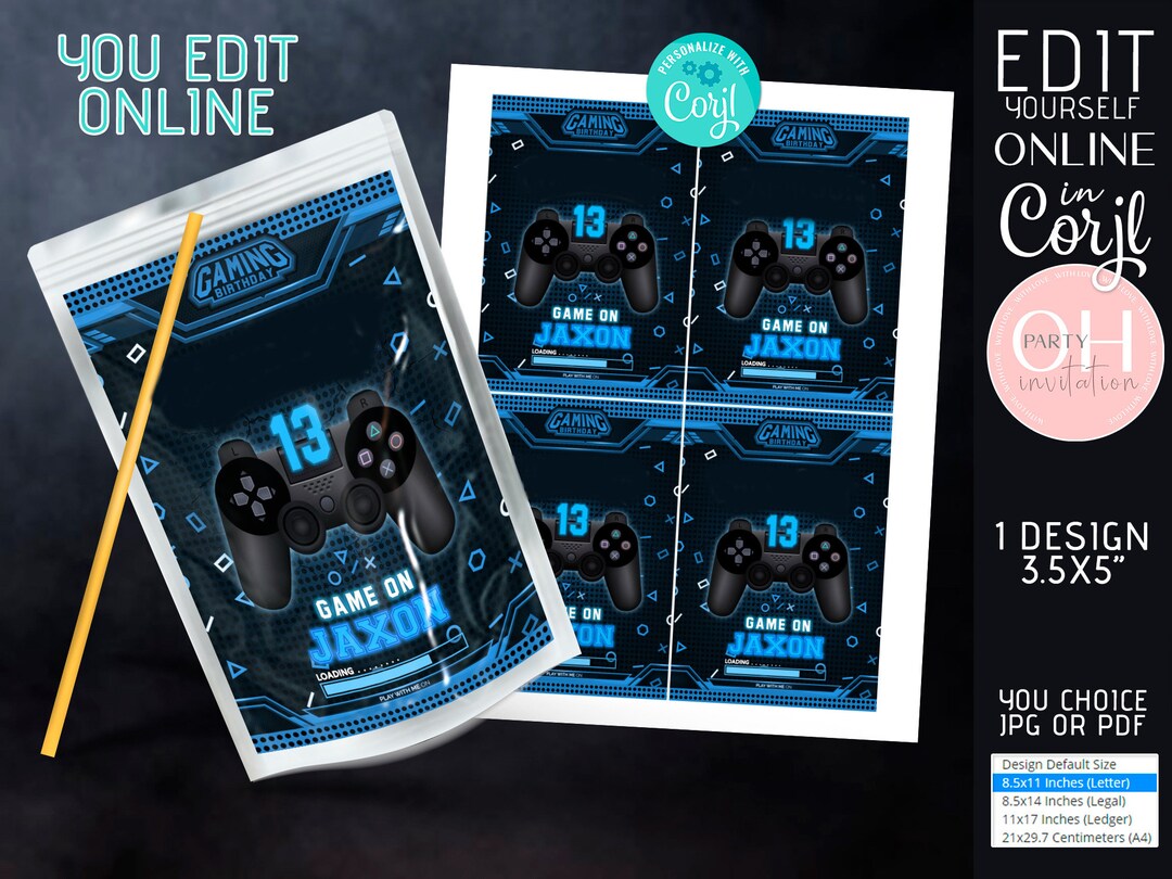 Game on Blue Birthday Decorations Juice Labels Gamer Party Supplies ...