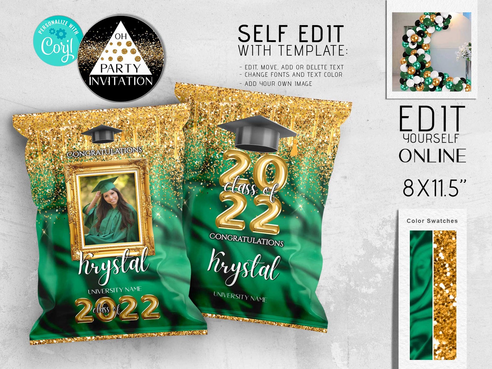 Editable Green Graduation Chip Bag With Photo Boy or Girl Senior ...