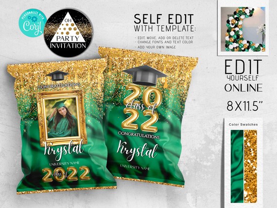 Editable Green Graduation Chip Bag With Photo Boy or Girl - Etsy