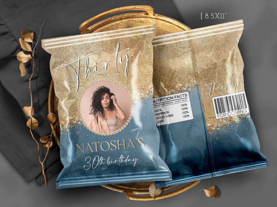 Editable Dusty Blue and Gold Chip Bag for Birthday Party, Bridal Shower ...