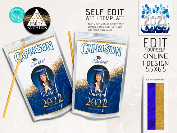 DIY Graduation Blue White Gold glitter Capri Sun template Party ...