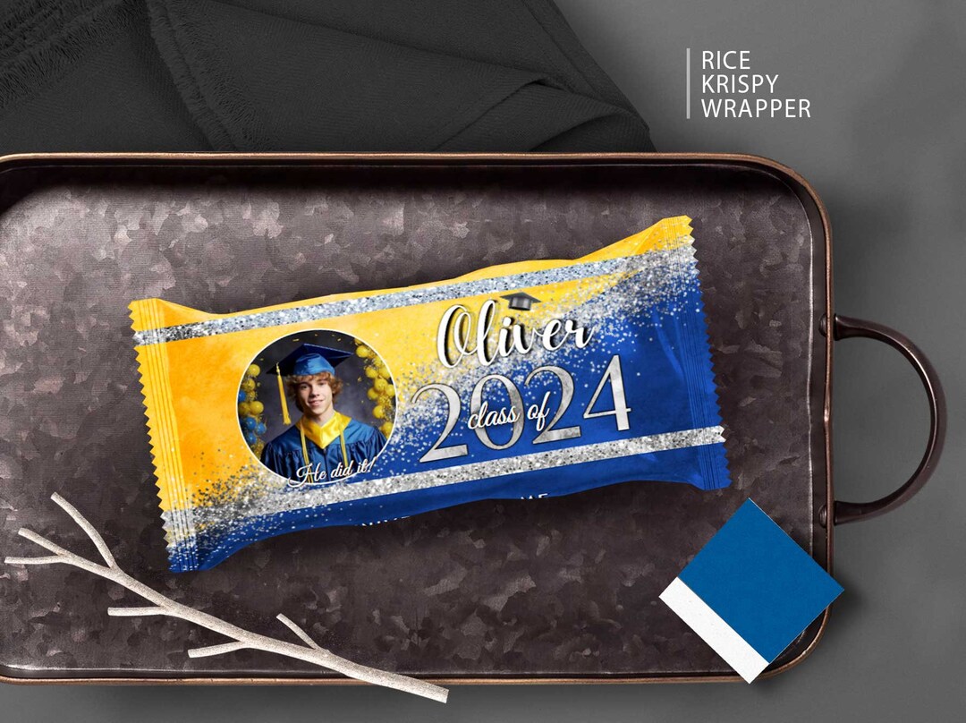 Editable Graduation Yellow Blue Silver Krispies Treats Senior 2025 ...