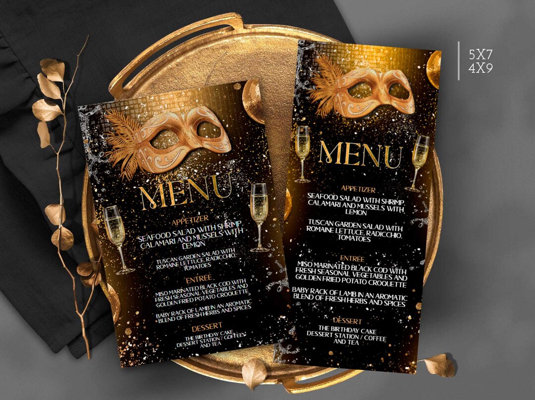 Masquerade Party Menu Card Black and Gold Menus Template Birthday ...