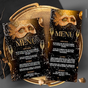 Masquerade Party Menu Card Black and Gold Menus Template Birthday ...