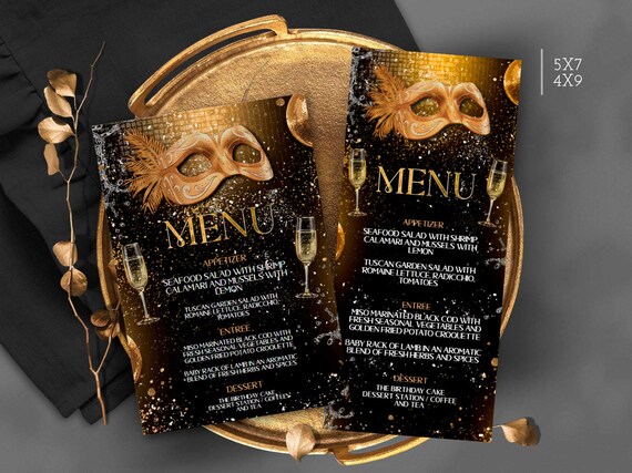 Masquerade party Menu card Black and Gold menus template birthday ...