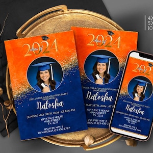 Editable Graduation Orange Blue Party Invitation 2025 With Pic Senior ...