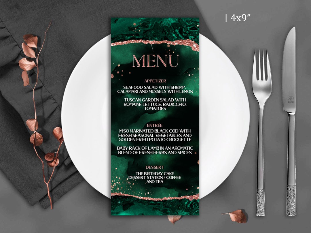Editable Emerald Green and Rose Gold Menu Birthday Party Celebration ...