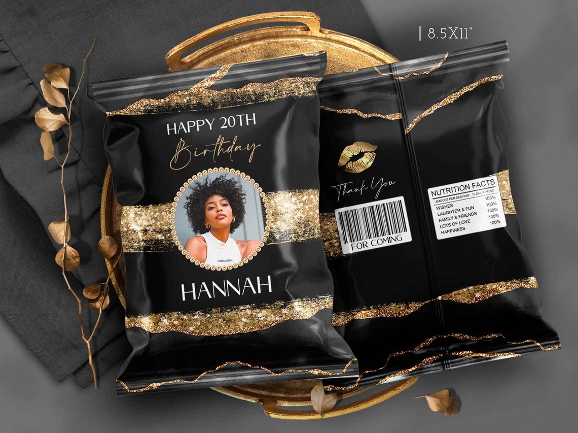 Glam Modern Black Gold Chip Bag Template Birthday Favor Party - Etsy