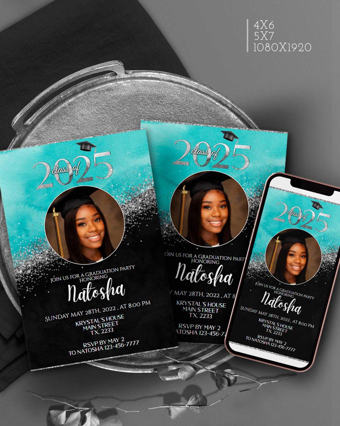 Editable Graduation Invitation: Baby Blue, Black, and Silver (digital ...