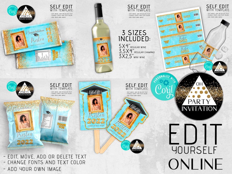 Editable Graduation Gold Light Blue Party Decor Kit Grad 2023 - Etsy