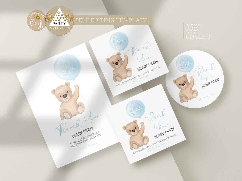 Editable Teddy Bear Birthday Thank You Tags Blue Balloons | Etsy