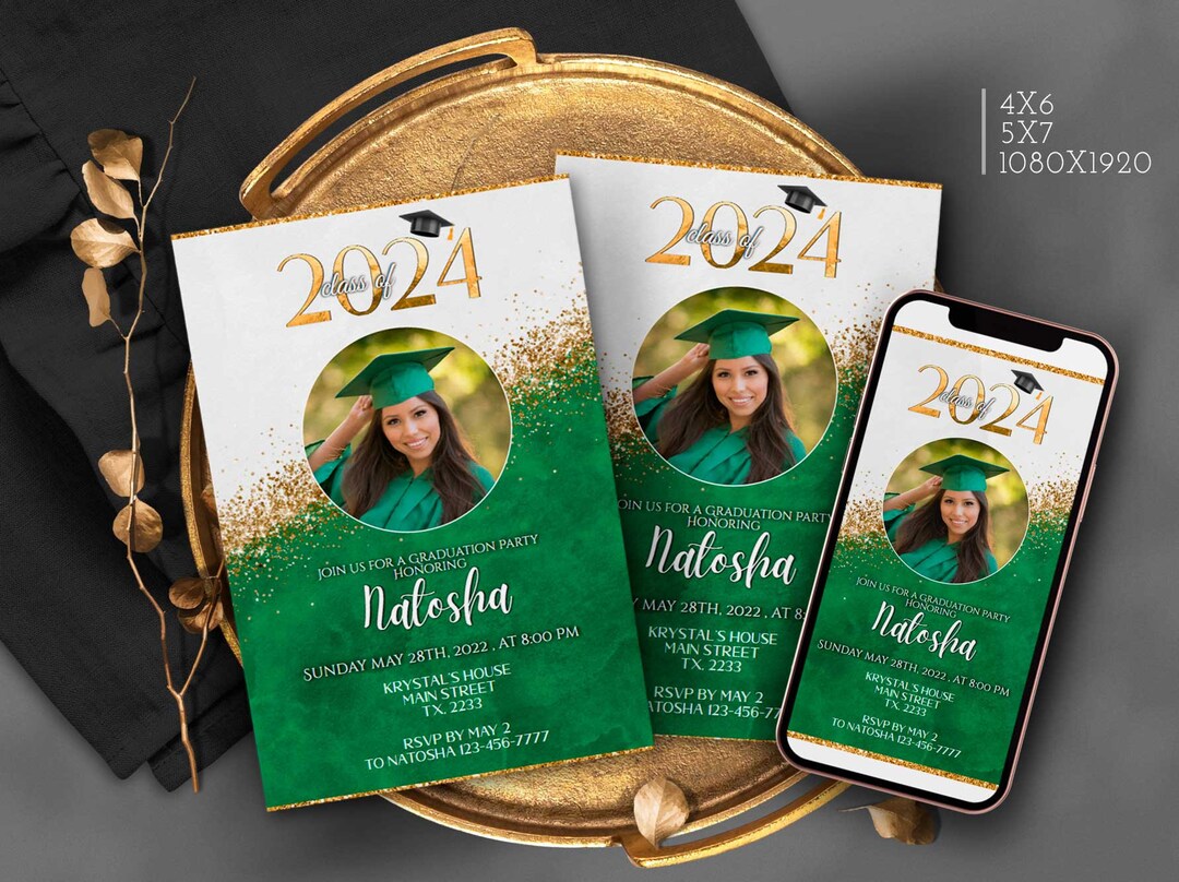 Editable Green & White Graduation Invitation With Photo (mobile Evite ...