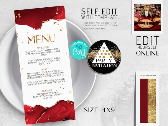 Editable Birthday Menu Card Template Red and Gold Party Celebration ...