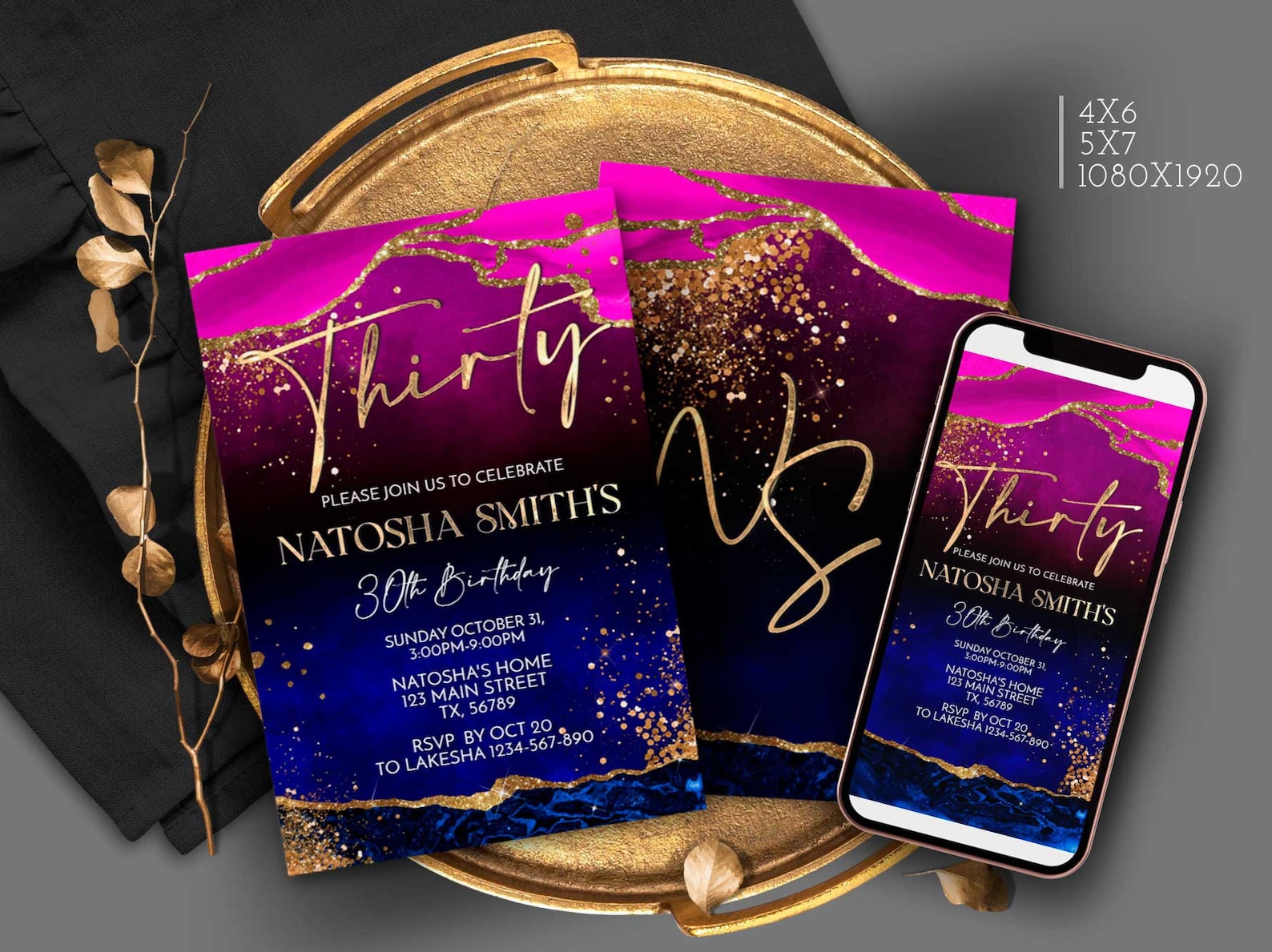 Birthday Party Invitation Fuchsia and Royal Blue Party Invites - Etsy