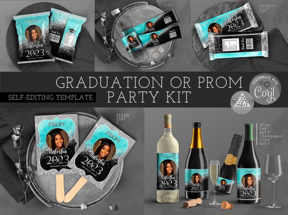 Graduation or Prom Teal Black Silver Party decoration candy bar, chip ...