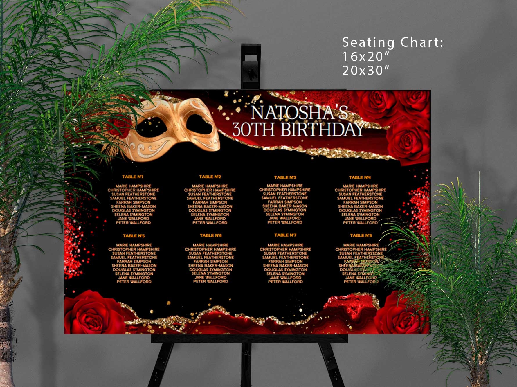 Masquerade Ball Seating Chart: Red Rose Party Decor (instant Download ...