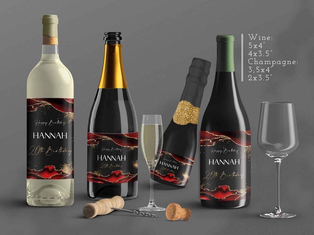 Editable Wine & Champagne Label: Red Black Gold 30th Birthday (digital ...