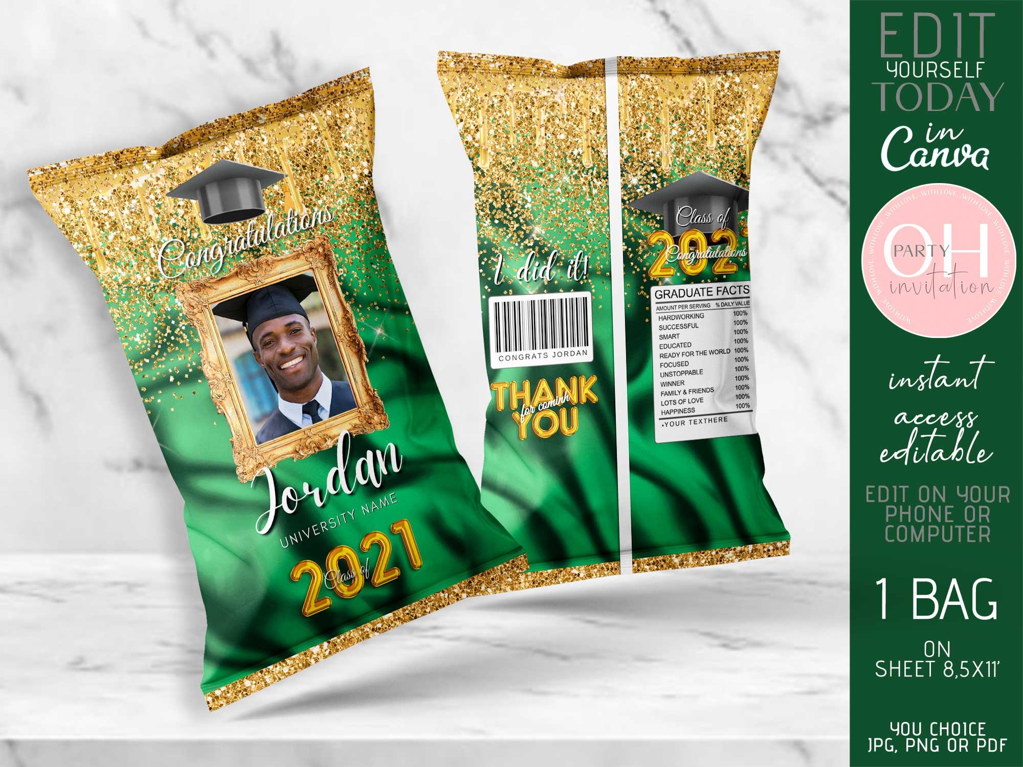 Editable Green Graduation Chip bag with photo boy or girl | Etsy