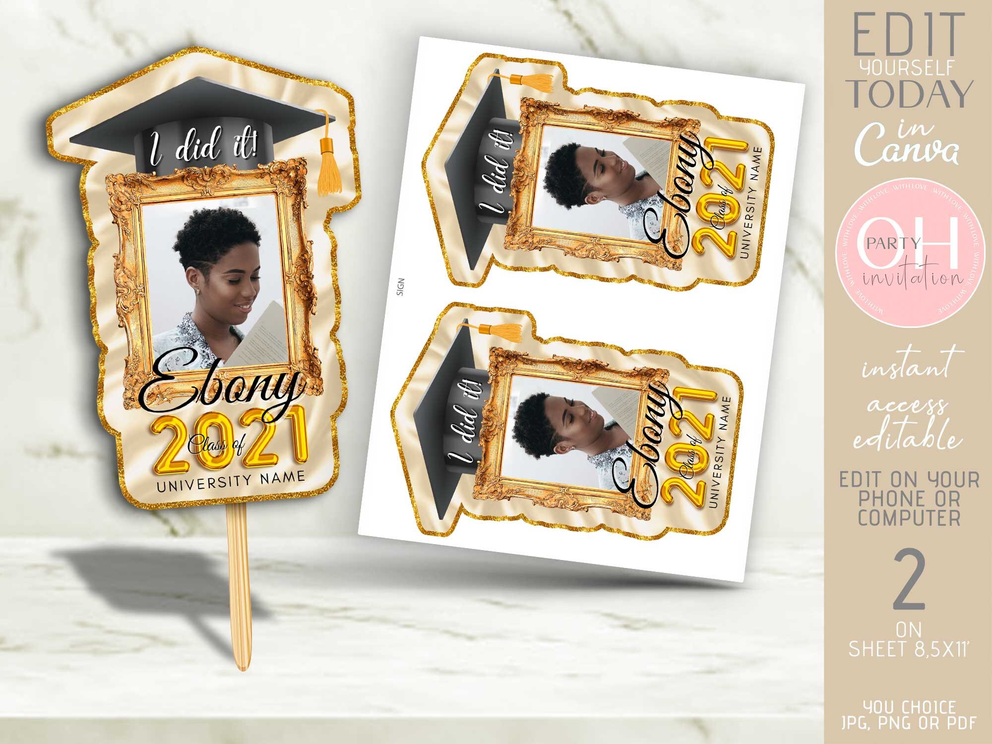 Editable Gold Graduation fans for girl with photo Centerpiece | Etsy