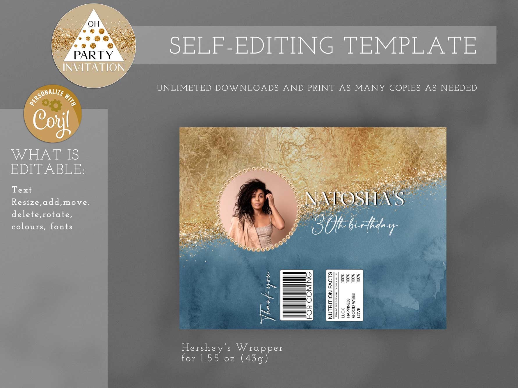 Editable Dusty Blue and Gold Candy Bar for Birthday Party - Etsy