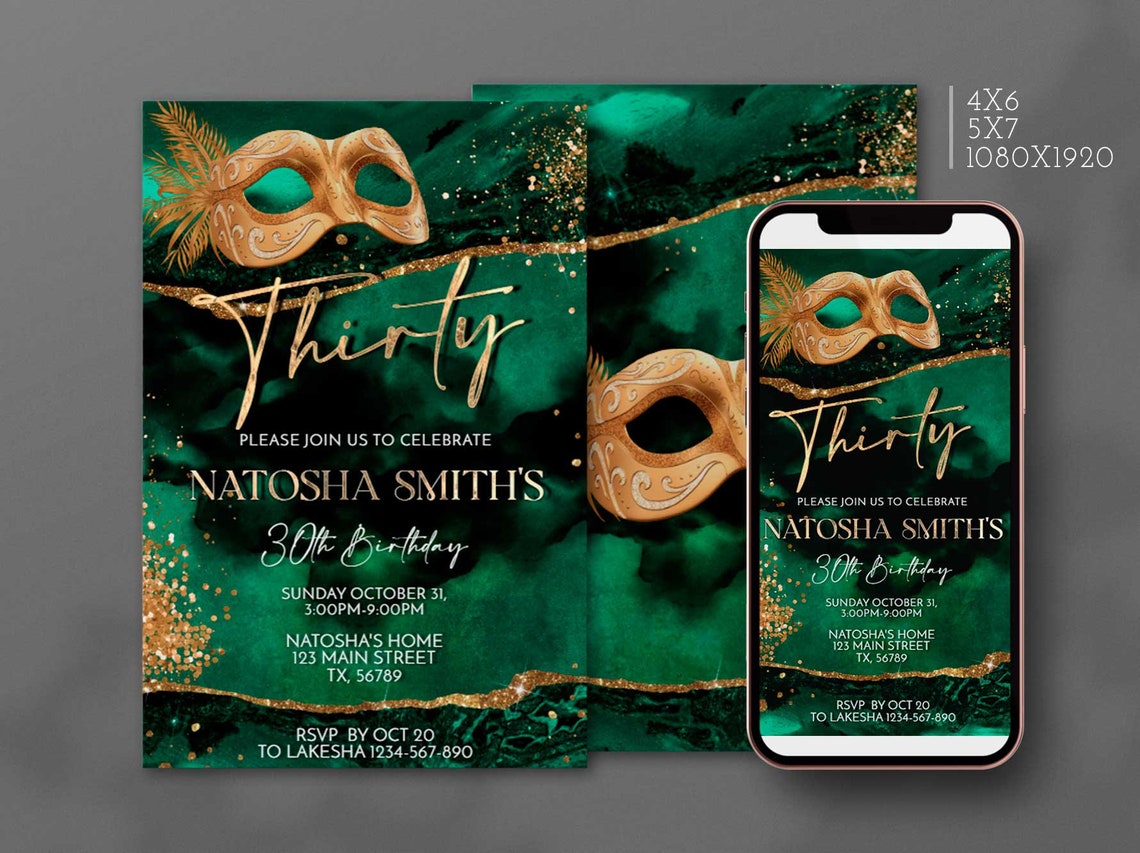 Masquerade Birthday Invitation Emerald Green and Gold Party - Etsy