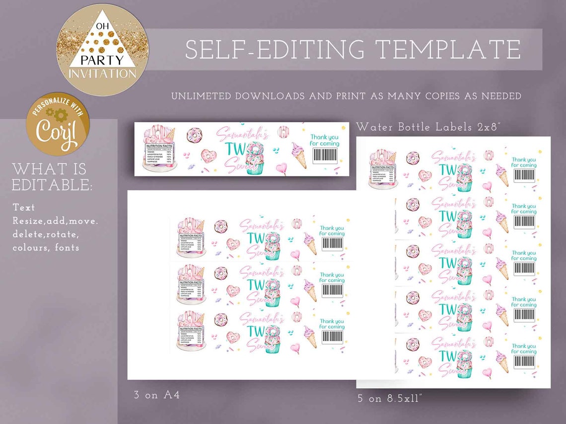 Editable Two Sweet Water Bottle Labels Birthday Decorations | Etsy