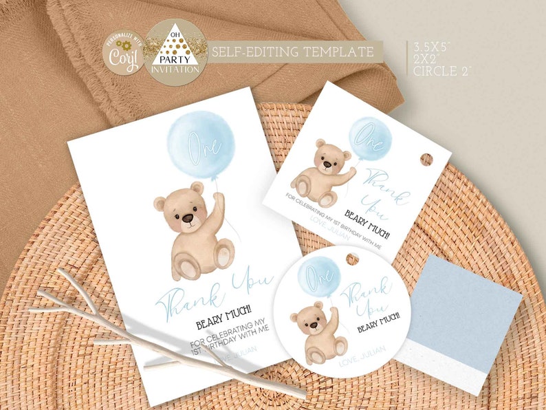 Editable Teddy Bear Birthday Thank You Tags Blue Balloons | Etsy