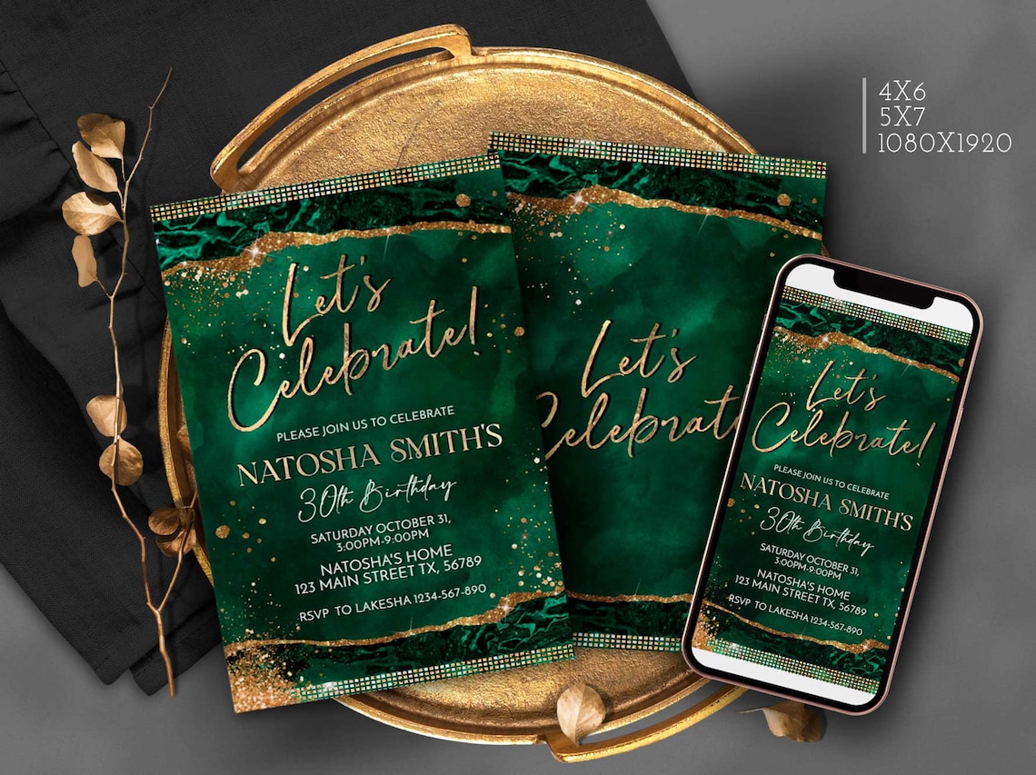 Emerald Green Gold Birthday Invitation: Elegant Party Invite (evite) - Etsy