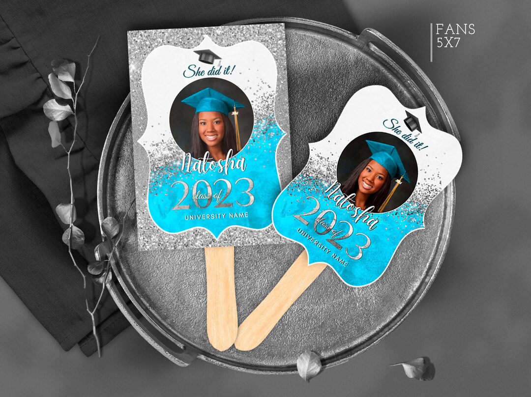 Editable Light Blue Silver Graduation Party Decorations Fans Grad 2025 ...