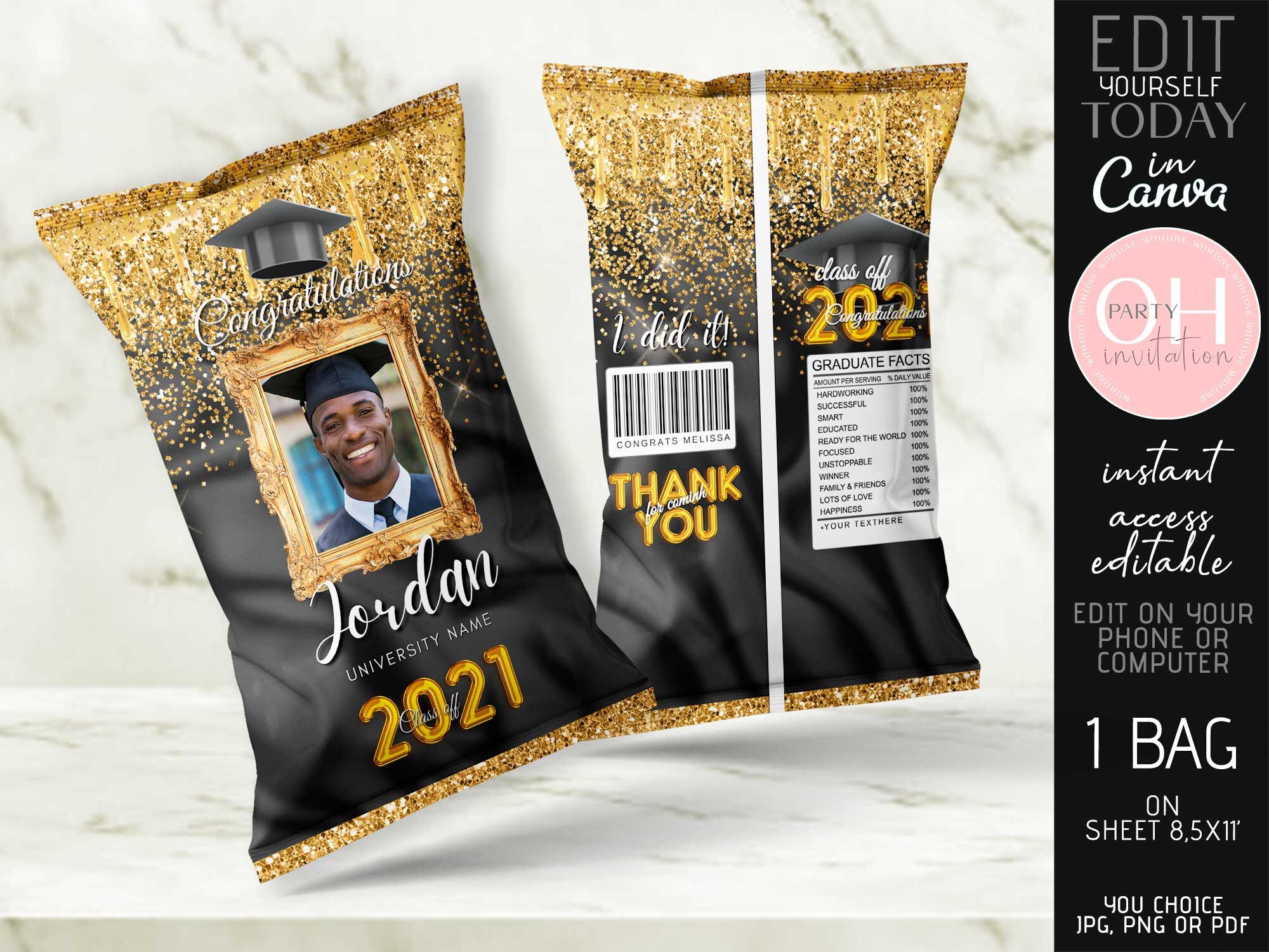 Editable Graduation Chip Bag With Photo Black Gold Template Etsy