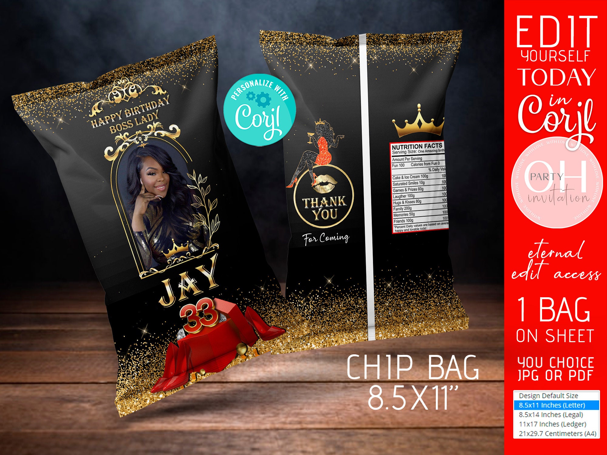 Editable 30th Birthday Decoration Chip Bag Boss Lady Party 40th 50th ...