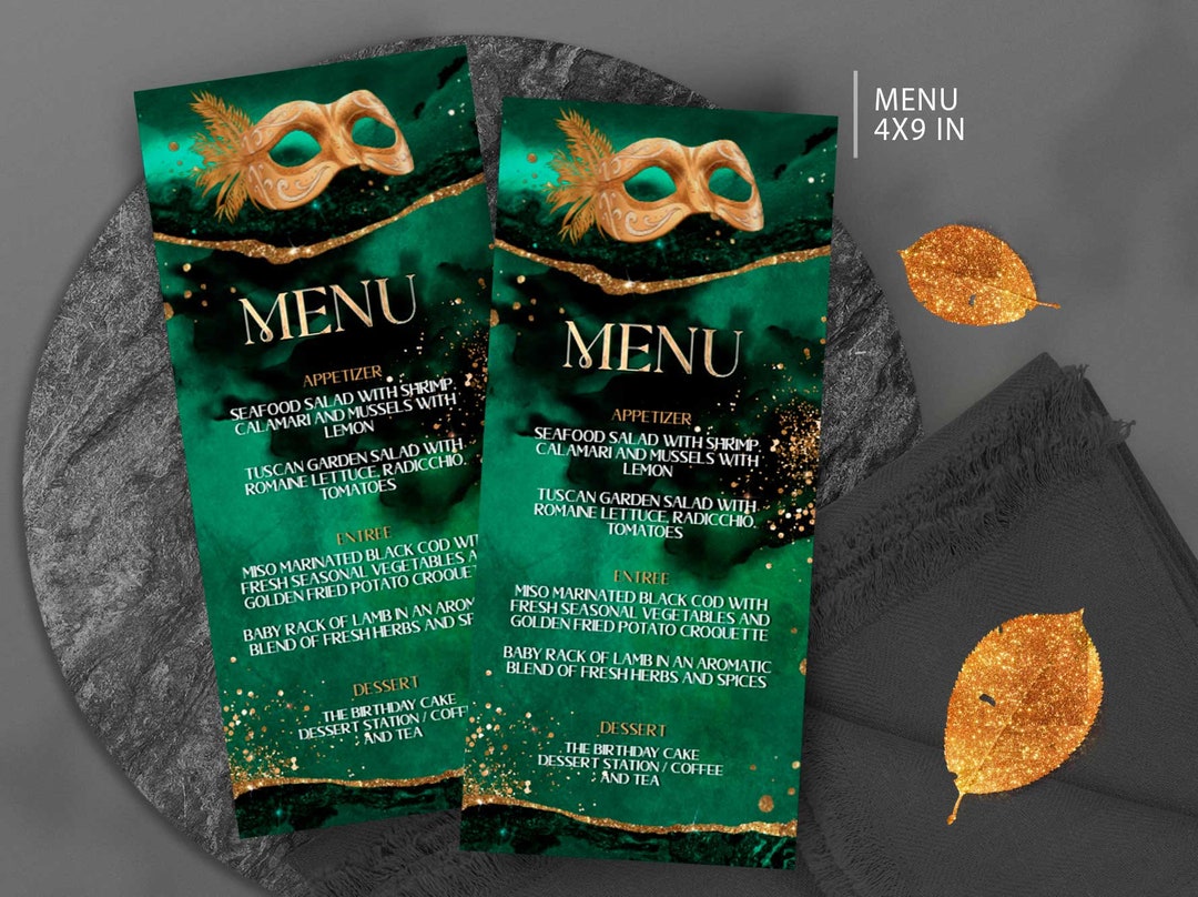 Masquerade Party Menu Card Emerald Green and Gold Menus Template ...