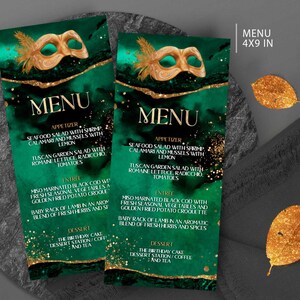 Emerald Green Masquerade Menu Template: Gold Party Decoration (digital ...