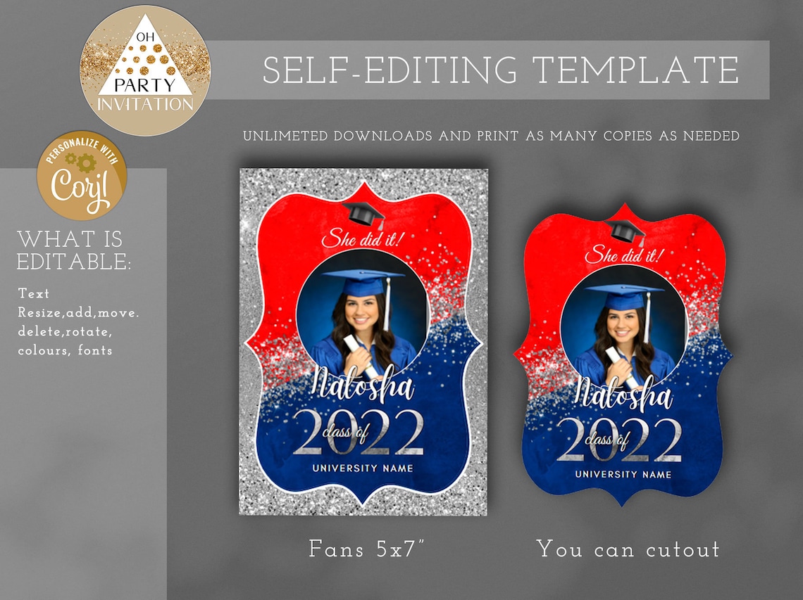 Editable Graduation Red Blue Fans With Silver Glitter Senior - Etsy