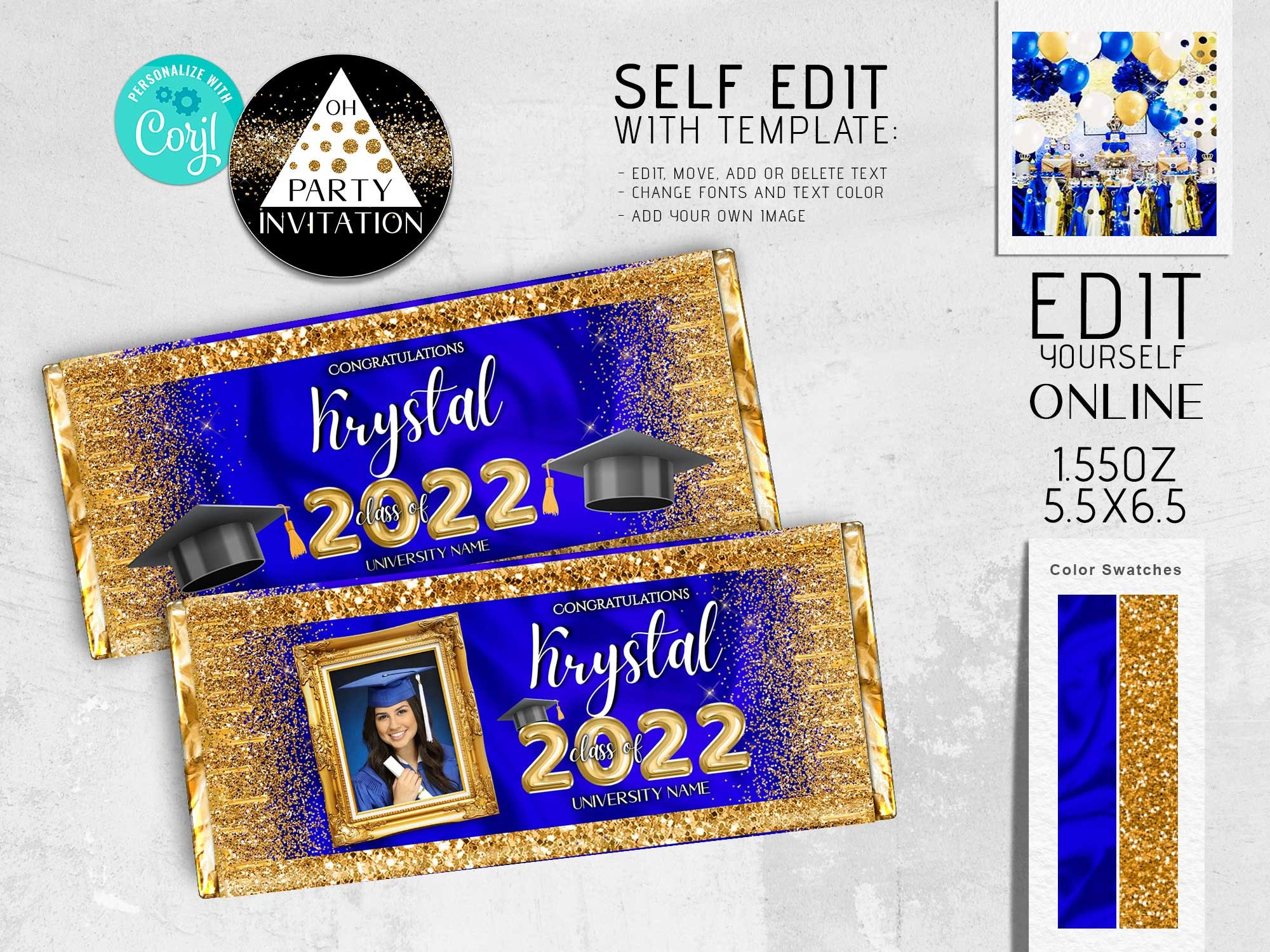 Editable Royal Blue Graduation Party Favors With Pic Hershey | Etsy