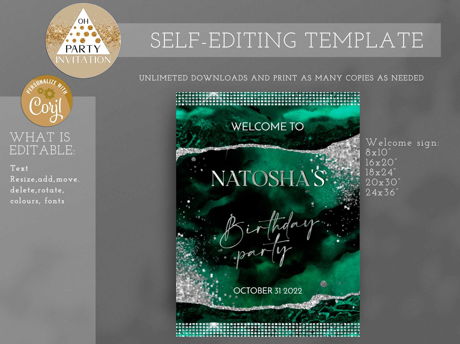 DIY Emerald Green Silver Welcome Sign Birthday Party - Etsy Canada